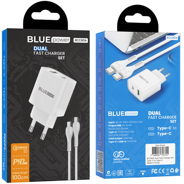 Blue Power Wall Travel Charger DUO Bcc80a PD QC 3.0 20watt + Type-c ...